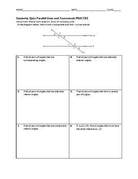 Geometry Quiz Parallel Lines And Transversals BUNDLE TpT