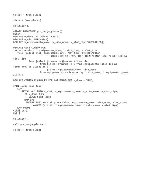 Create Procedure Prc Carga Placa Pdf