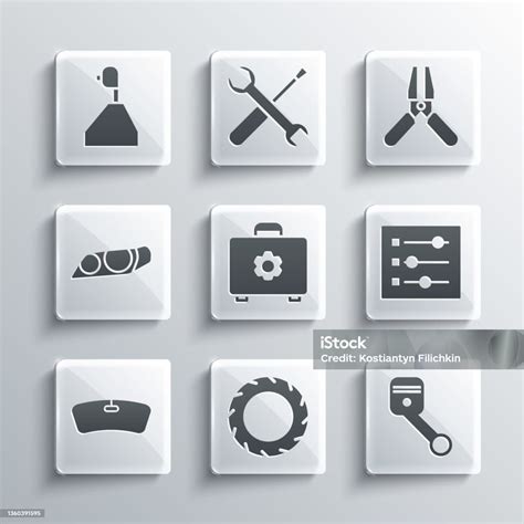 자동차 타이어 휠 엔진 피스톤 설정 툴박스 윈드실드 헤드라이트 기어 시프터 및 배터리 점퍼 전원 케이블 아이콘을 설정합니다 벡터 건설 산업에 대한 스톡 벡터 아트 및 기타