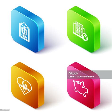 방패가 있는 아이소메트릭 라인 문서 불타는 집의 화재 건강 보험 및 돼지 저금통 아이콘을 설정합니다 벡터 3차원 형태에 대한 스톡 벡터 아트 및 기타 이미지 Istock