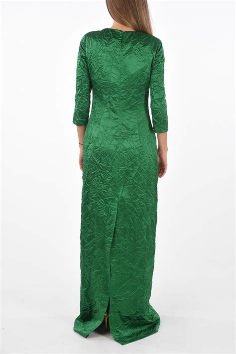Miu Miu Wrinkled Effect Silk Long Dress With 34 Sleeves Women