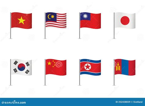East Asia Flags Set Vietnam Malaysia Taiwan Japan South Korea