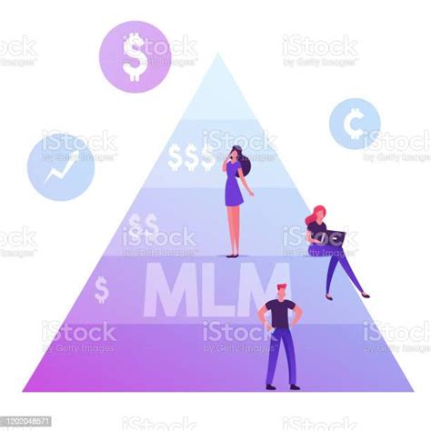 사람들은 Mlm 피라미드에 서있다 다단계 마케팅 개념 비즈니스 개발의 상업 프로젝트 방법 계층 구조 체계 빈 주머니를 가진 남자 여자 작업 만화 플랫 벡터 일러스트 개념에