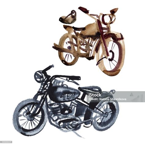 빈티지 스타일의 오래된 오토바이 스케치 손으로 수채화와 잉크를 그립니다 흰색 배경에 격리 고풍스런에 대한 스톡 벡터 아트 및 기타 이미지 Istock