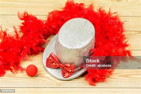 실버 키 모자 빨간 솜 털 깃털 보아 빨간 나비 넥타이 빨간 어릿광대 코 카니발 액세서리입니다 0명에 대한 스톡 사진 및 기타 이미지 Istock