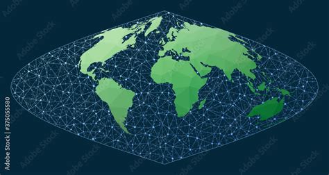 Global Network Sinusoidal Projection Green Low Poly World Map With