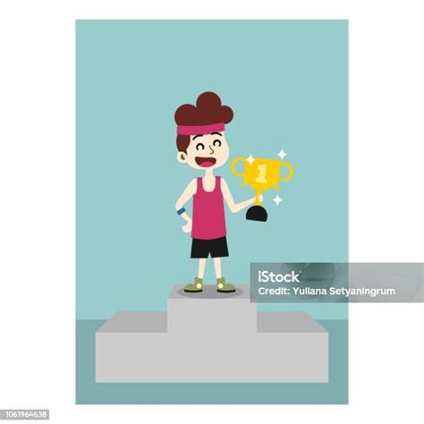 소년 챔피언 연단에 트로피 만화 캐릭터를 잡고 서는 1위에 대한 스톡 벡터 아트 및 기타 이미지 1위 Championship 경쟁 Istock