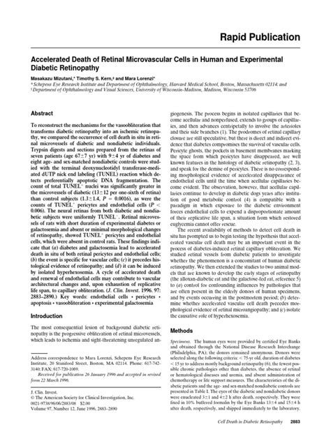 Rapid Publication Accelerated Death Of Retinal Microvascular Cells In Human And Experimental
