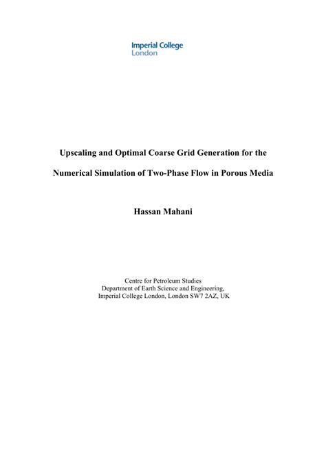 Pdf Upscaling And Optimal Coarse Grid Generation For The Numerical Simulation Of Two Phase
