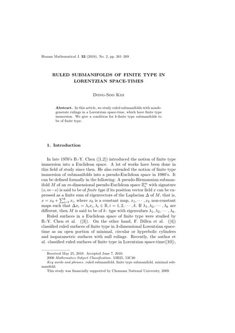 Pdf Ruled Submanifolds Of Finite Type In Lorentzian Space Times