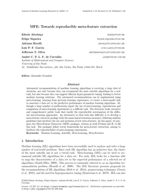 Alcobaça Et Al 2020 Mfe Towards Reproducible Meta Feature Extraction Pdf Machine