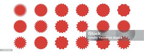 빨간 햇살 스티커 세트 지그재그 가리비 물결 모양의 가장자리가 있는 가격표 배지 우표 라벨 흰색 배경에 고립된 말풍선 키트 Starburst Bush에 대한 스톡 벡터 아트