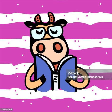 벡터 일러스트 라인 만화 스마트 암소 안경을 착용 하 고 책을 읽는 책 줄무늬 분홍색 배경에 손으로 그린 패키지 포스터 라벨 디자인 배너 전단지 등에 적용 가능 귀여운에