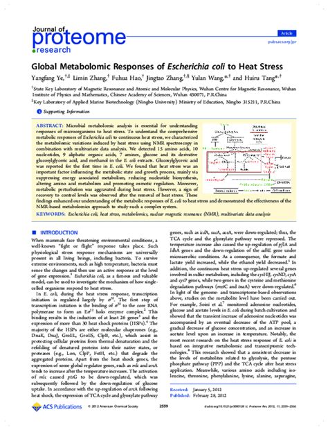 Pdf Global Metabolomic Responses Of Escherichia Coli To Heat Stress