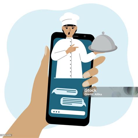 휴대 전화 또는 패스트 푸드 배달 주문으로 온라인 음식 쇼핑 요리사는 뚜껑이있는 쟁반이나 옷장이있는 접시를 가지고 있습니다 건강에 좋지 않은 음식에 대한 스톡 벡터 아트 및