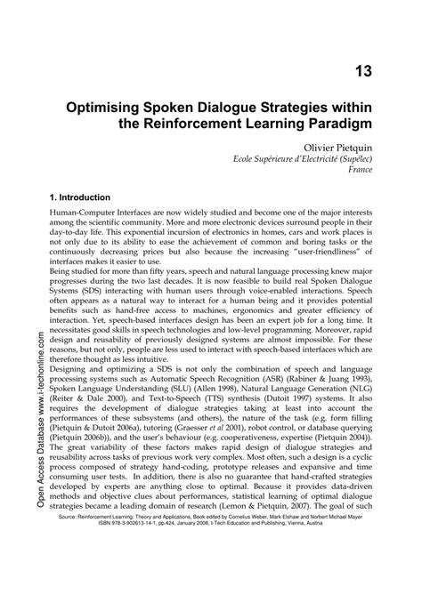 Pdf Optimising Spoken Dialogue Strategies Within The Reinforcement Learning Paradigm