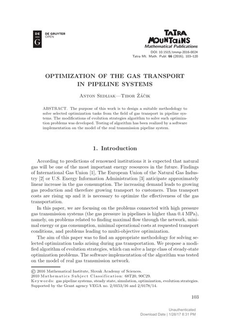 Pdf Optimization Of The Gas Transport In Pipeline Systems