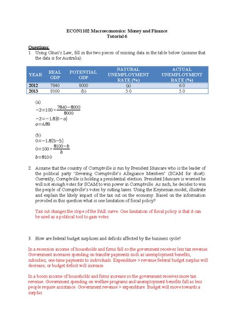 Tutorial 6 Questions Tute Econ1102 Macroeconomics Money And Finance Tutorial 6 Questions