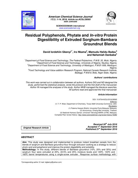 Pdf Residual Polyphenols Phytate And In Vitro Protein Digestibility Of Extruded Sorghum