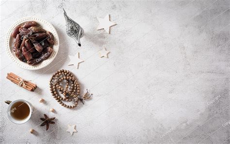 Ramadan Food And Drinks Concept Ramadan Arabian Lamp Wood Rosary Tea