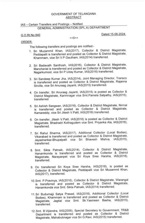 Telangana News State Government Transfers 20 Ias Officers In Major