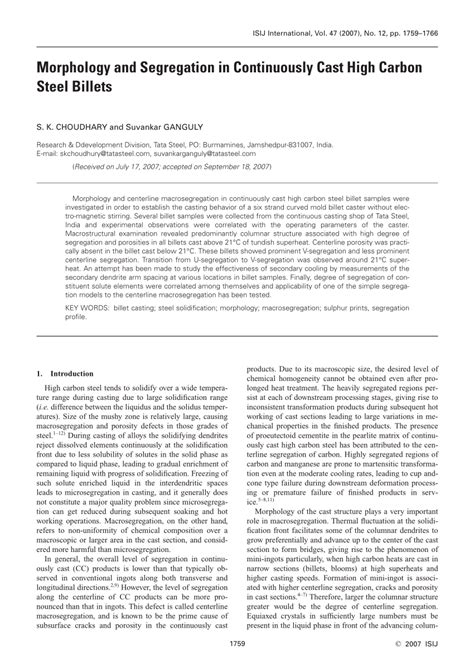 Pdf Morphology And Segregation In Continuously Cast High Carbon Steel
