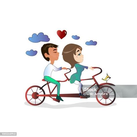 남자와 여자는 자전거를 함께 타고 벡터 일러스트입니다 일러스트레이션에 대한 스톡 벡터 아트 및 기타 이미지 일러스트레이션 걷기 구름 Istock