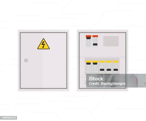 옥외 전기 통제 상자 변압기 캐비닛 회로 차단기 전기 패널 전선이있는 스위치 퓨즈 박스 벡터 디자인 및 일러스트 레이 션 전기