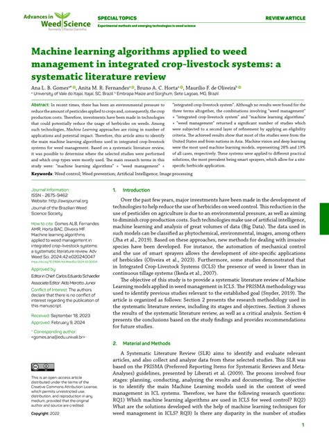 PDF Machine Learning Algorithms Applied To Weed Management In Integrated Crop Livestock