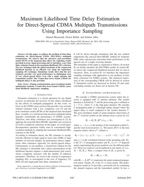 Pdf Maximum Likelihood Time Delay Estimation For Direct Spread Cdma