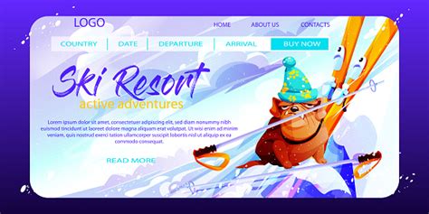만화 스타일의 스키 휴가와 휴가 개념 겨울 스키 슬로프를 배경으로 스키를 탄 불독 스키어 텍스트를 위한 공간이 있는 창의적인 스키 리조트 웹 페이지입니다 페이지 책에 대한