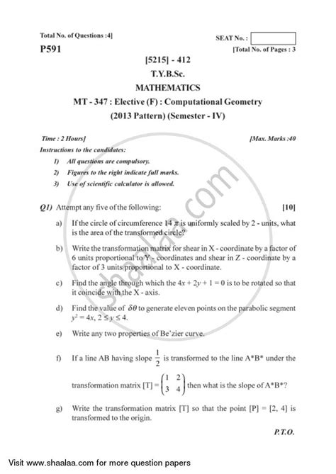 Computational Geometry 2017 2018 B Sc Mathematics Semester 6 Tybsc 2013 Pattern Question Paper