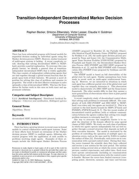 Pdf Solving Transition Independent Decentralized Markov Decision