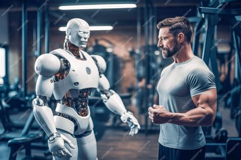 Premium Photo Robot Fitness Coach Assisting Human With Heavy Barbell Uniting Technology And