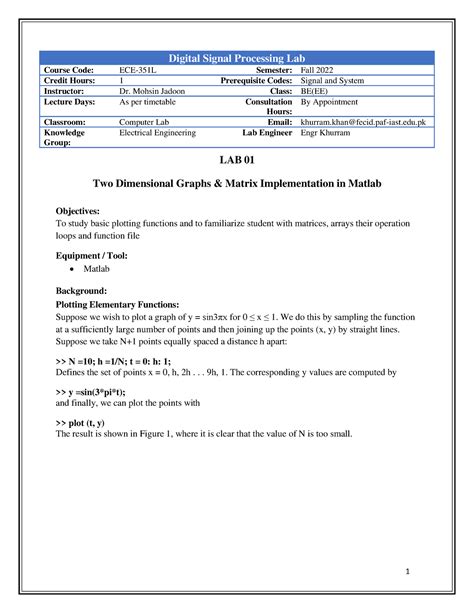 Lab 01 DSP Lab Manual LAB 01 Two Dimensional Graphs Matrix