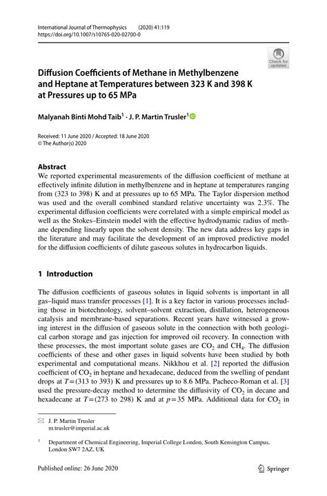 Pdf Diffusion Coefficients Of Methane In Methylbenzene And Heptane At