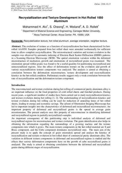 Recrystallization And Texture Development In Hot Rolled 1050 Aluminum Scientific Net