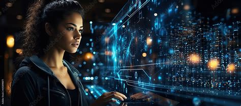 Laptop Code Hologram And Woman Thinking Of Data Analytics Information Technology Generated