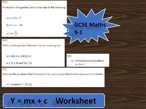 Gcse Maths 9 1 Y Mx C Worksheet Teaching Resources