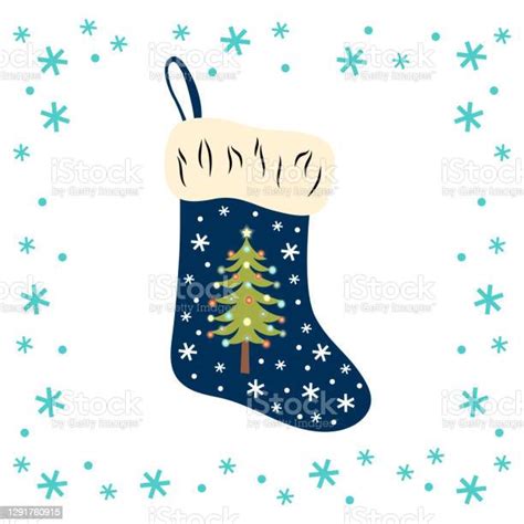 크리스마스 트리와 눈송이의 이미지와 새해 양말 장식 공간을 복사합니다 플랫 디자인 흰색 배경의 격리된 이미지입니다 템플릿 벡터 0명에 대한 스톡 벡터 아트 및 기타 이미지