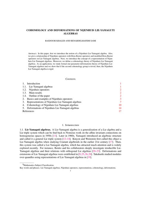 Pdf Cohomology And Deformations Of Nijenhuis Lie Yamaguti Algebras