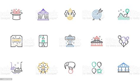 놀이 공원 라인 아이콘 회전 목마 롤러 코스터와 서커스 선형 아이콘 집합입니다 벡터 갈고리 발톱에 대한 스톡 벡터 아트 및 기타 이미지 갈고리 발톱 공연 모자 모자류