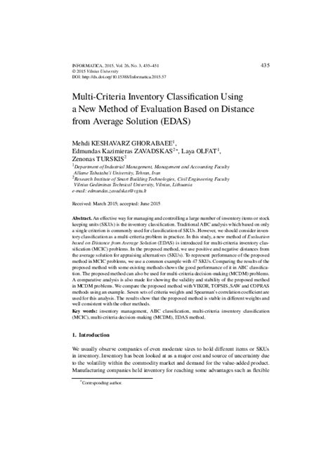 Pdf Multi Criteria Inventory Classification Using A New Method Of Evaluation Based On Distance
