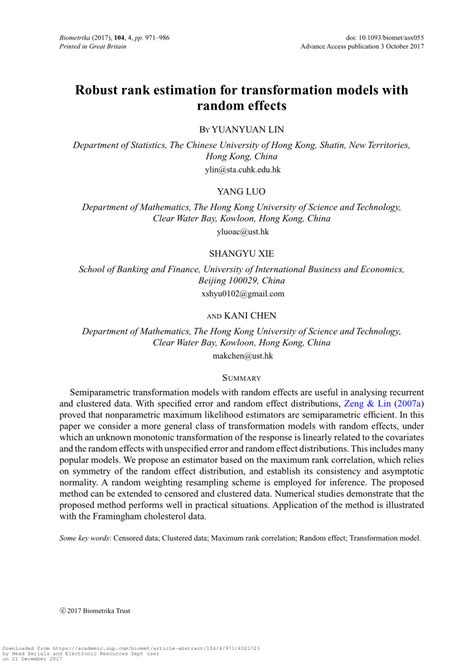 Pdf Robust Rank Estimation For Transformation Models With Random Effects