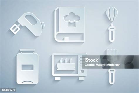 전자 레인지 주방 거품기 잼 항아리 포크 요리 책 및 전기 믹서 아이콘을 설정합니다 벡터 3차원 형태에 대한 스톡 벡터 아트 및 기타 이미지 Istock