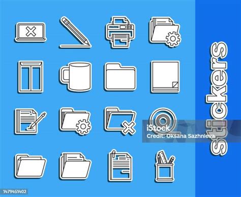 펜 케이스 문구 스카치 파일 문서 프린터 커피 컵 플랫 봉투 노트북 크로스 마크 화면 문서 폴더 아이콘을 설정합니다 벡터 0명에 대한 스톡 벡터 아트 및 기타 이미지