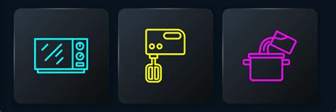 세트 라인 전자 레인지 요리 냄비 및 전기 믹서 검은색 사각형 버튼입니다 벡터 가정 생활에 대한 스톡 벡터 아트 및 기타 이미지