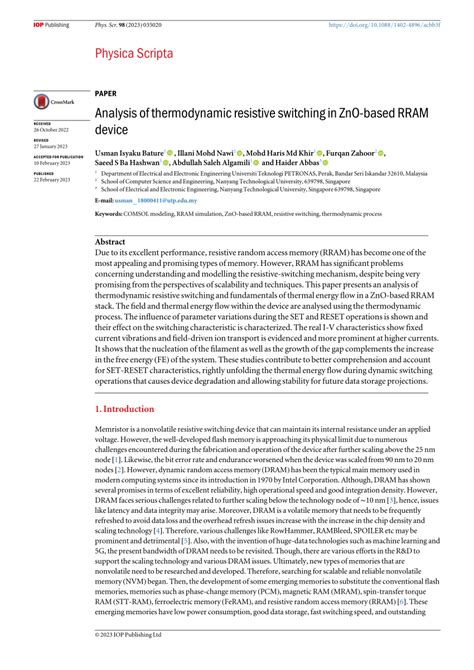 Analysis Of Thermodynamic Resistive Switching In Zno Based Rram Device