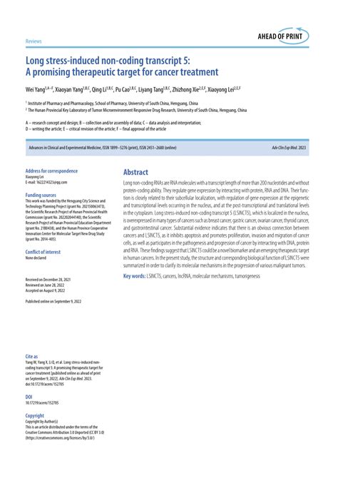 Pdf Long Stress Induced Non Coding Transcript 5 A Promising