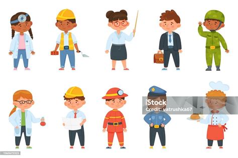 다른 직업의 만화 아이들 전문 유니폼을 입은 어린이 소년과 소녀 소방관 의사 교사 요리사 엔지니어 벡터 세트 아이에 대한 스톡 벡터 아트 및 기타 이미지 Istock